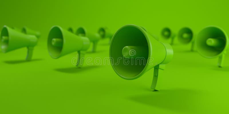 Multiple Megaphones in Grid on Green Background, Sustainability Concept ...