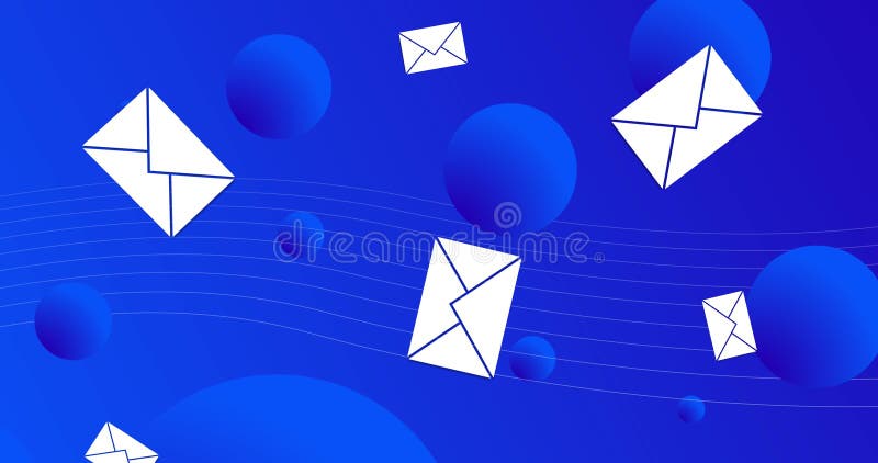 Multiple Message Icons Falling Against Spheres on Blue Background Stock ...