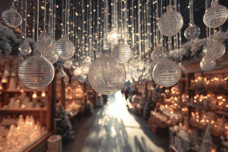 Multiple Modern Pendant Lights Hanging from a Store Ceiling with Bright ...