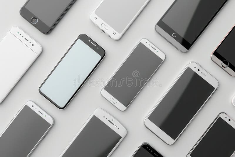 Multiple Modern Smartphones Arranged in Different Angles on a White ...