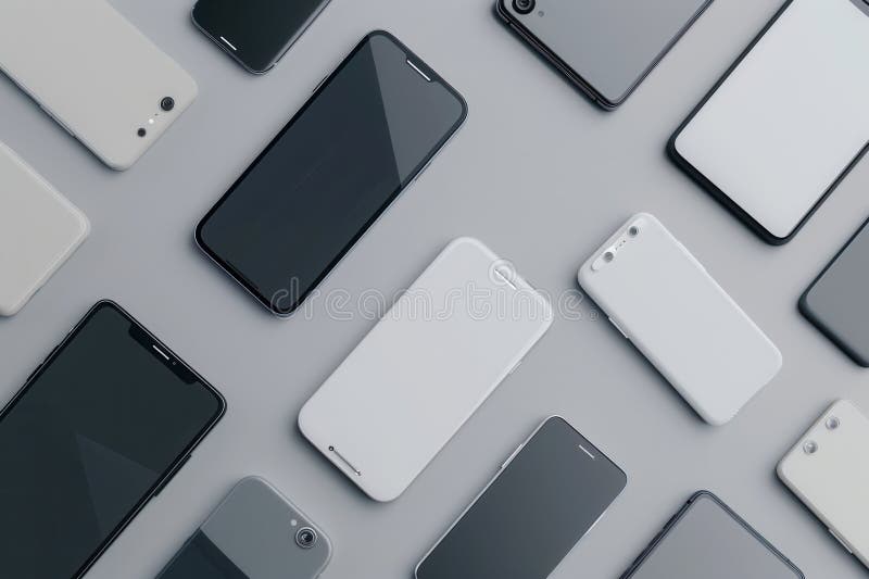 Multiple Modern Smartphones are Arranged in Various Angles on a Grey ...