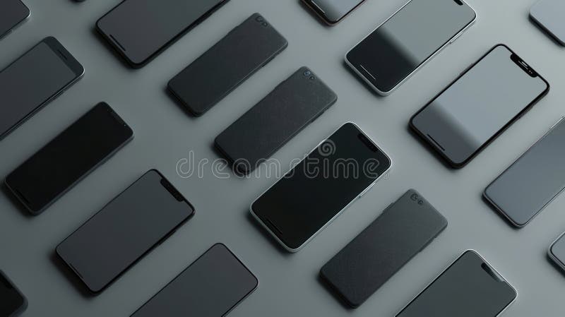 Multiple Modern Smartphones are Arranged in Various Angles on a Grey ...