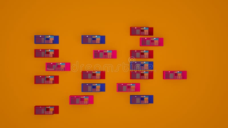 Multiple Modular Architectural Units in Various Colors on an Orange ...
