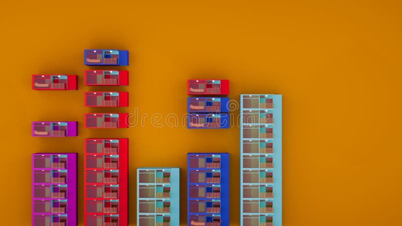 Multiple Modular Architectural Units in Various Colors on an Orange ...