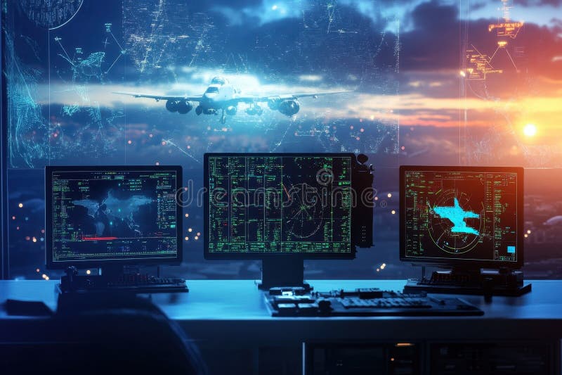 Control Center Monitors Aircraft Activity at Night Over a Bustling City ...