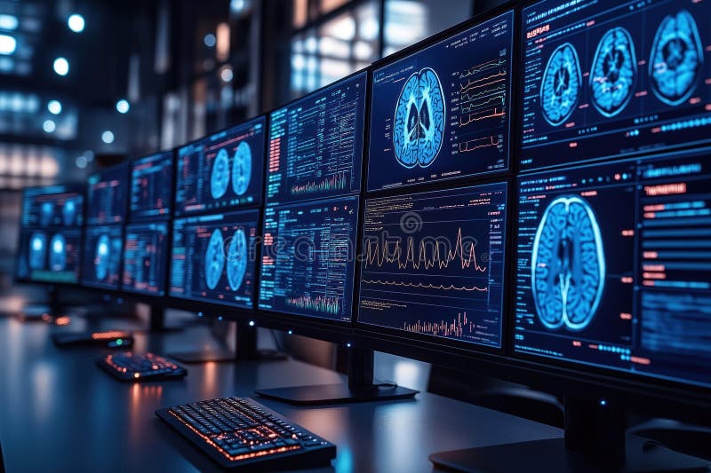 Multiple Monitors Display Complex Medical Diagnostics. Advanced Tech ...