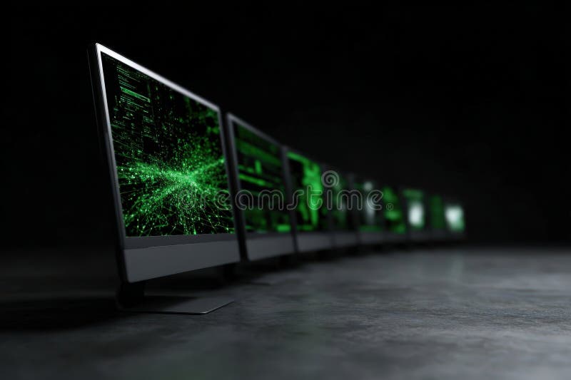 Multiple Monitors Display Green Coded Data Flow Stock Illustration - Illustration of technology ...