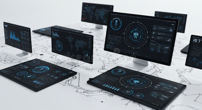 Multiple Monitors Display Technological Interfaces with Digital ...