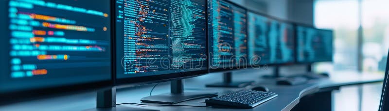 Multiple Monitors Displaying Complex Data Analysis With Coding Interface Stock Illustration