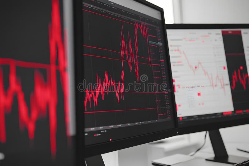 Multiple Monitors Showing Volatile Charts with Red Trend Lines and ...