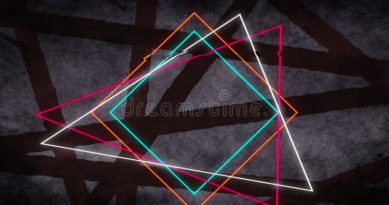 Multiple Neon Triangle Shapes Against Dark Lines on Grey Background ...