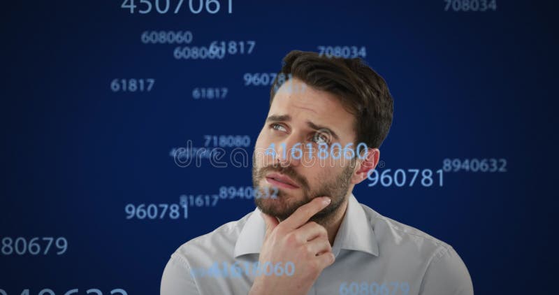 Multiple Numbers Changing Against Confused Man on Blue Background Stock ...
