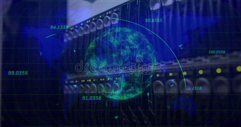 Multiple Numbers Floating Over Globe of Plexus Networks Against Close Up of a Computer Server ...