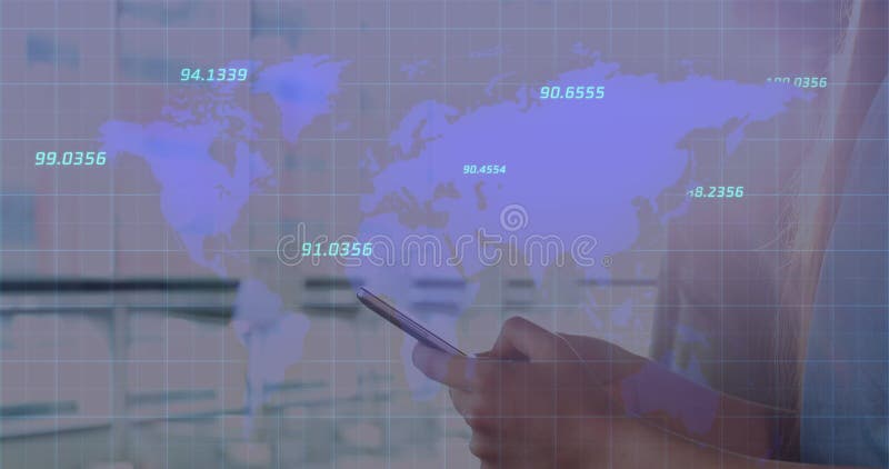Multiple Numbers Floating Over World Map Against Caucasian Woman Using ... Multiple Numbers Floating Over World Map Against Caucasian Woman Using ...