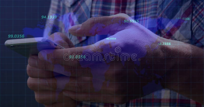 Multiple Numbers Floating Over World Map Against Mid Section of a Man Using Smartphone Stock ...