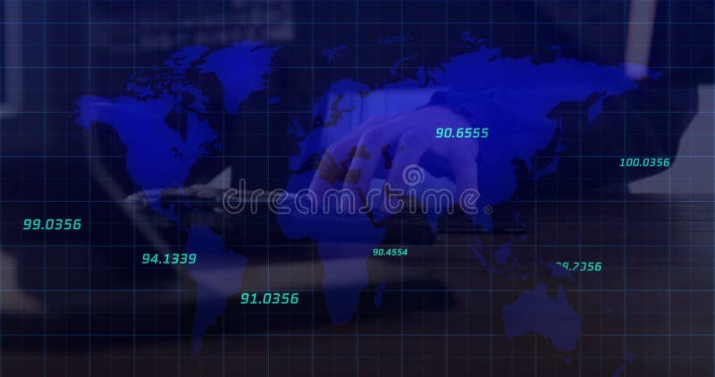 Multiple Numbers Floating Over World Map Against Person Typing on ...