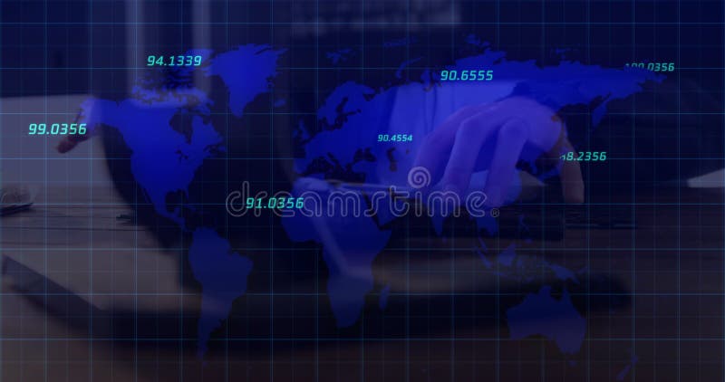 Multiple Numbers Floating Over World Map Against Caucasian Woman Using ... Multiple Numbers Floating Over World Map Against Caucasian Woman Using ...