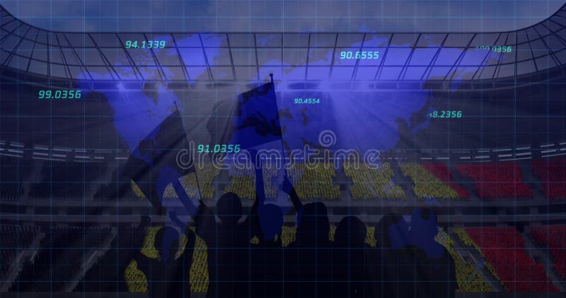 Multiple Numbers Floating Over World Map Against Silhouette of Fans and ... Multiple Numbers Floating Over World Map Against Silhouette of Fans and ...
