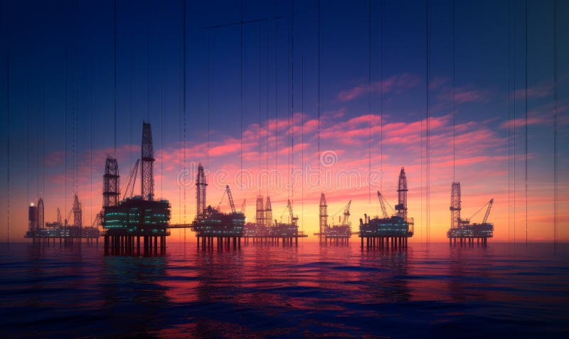 Multiple Oil Rig Platform in the Sea. Abstract Black Lines Fall Down ...