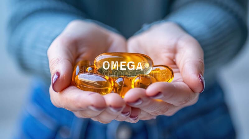 Multiple Omega-3 Essentials in Hands with Text "Omega". Presenting ...