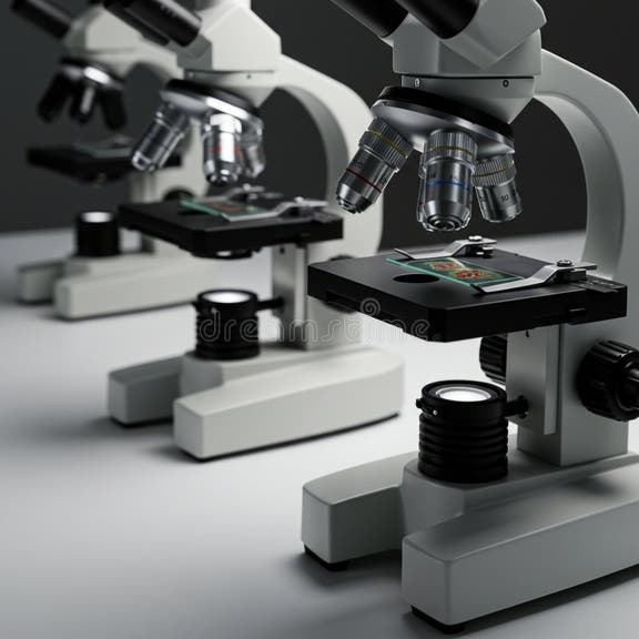 Multiple Optical Microscopes Aligned in a Row, Each Equipped with Adjustable Lenses Stock ...