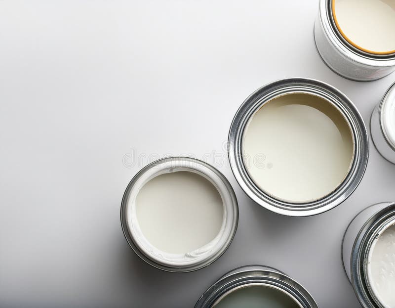 Multiple Paint Cans with Different Shades of White Arranged on a ...