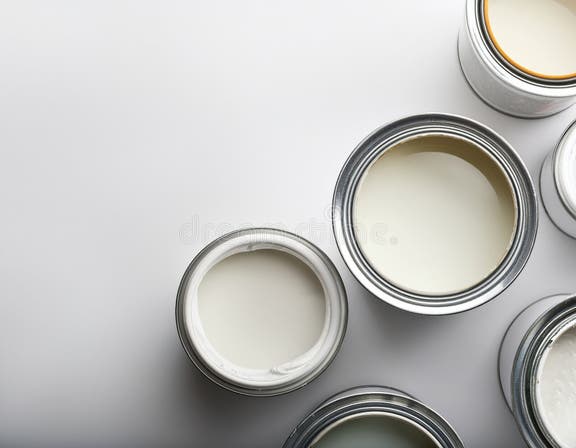 Multiple Paint Cans with Different Shades of White Arranged on a ...