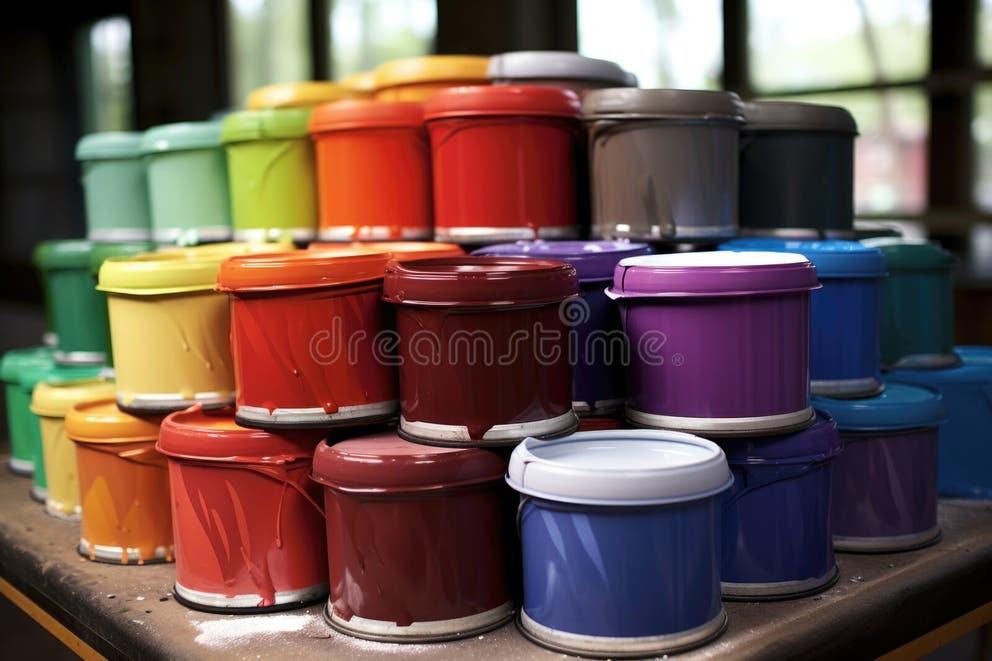Multiple Paint Cans Stacked with Colored Lids Facing Up Stock Photo ...