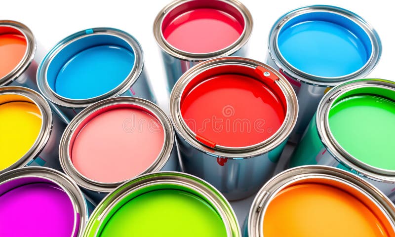 Multiple Paint Cans with Their Lids Off Revealing Rich Colorful Paint ...