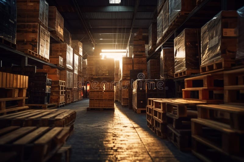 Multiple Pallets and Boxes are in the Warehouse in Large Scale with ...