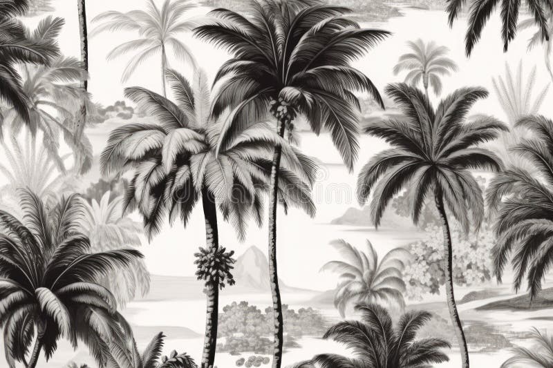 Multiple Palm Trees and Mountains in Black and White, Created Using ...