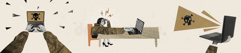 Multiple Panorama Collage of Person Working Netbook Having Operating ...