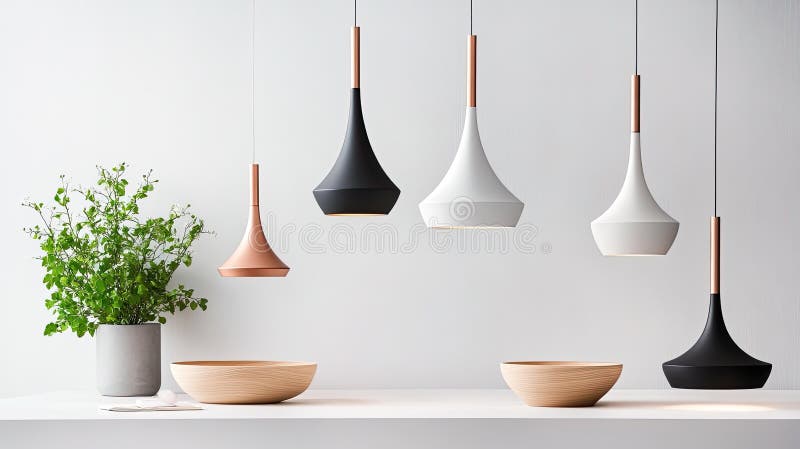 Multiple Pendant Lamps of Unique Shapes and Sizes Hang from the Ceiling ...