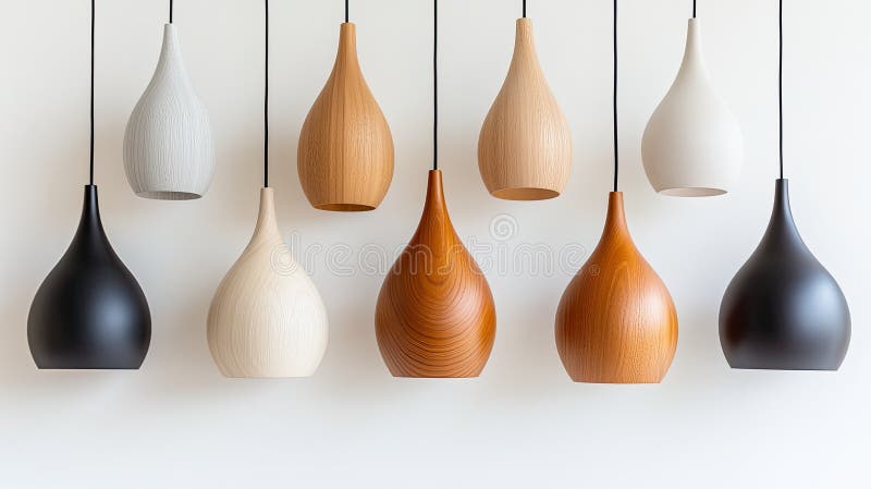 Multiple Pendant Lamps of Unique Shapes and Sizes Hang from the Ceiling ...
