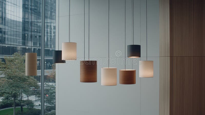 Multiple Pendant Lamps of Unique Shapes and Sizes Hang from the Ceiling ...