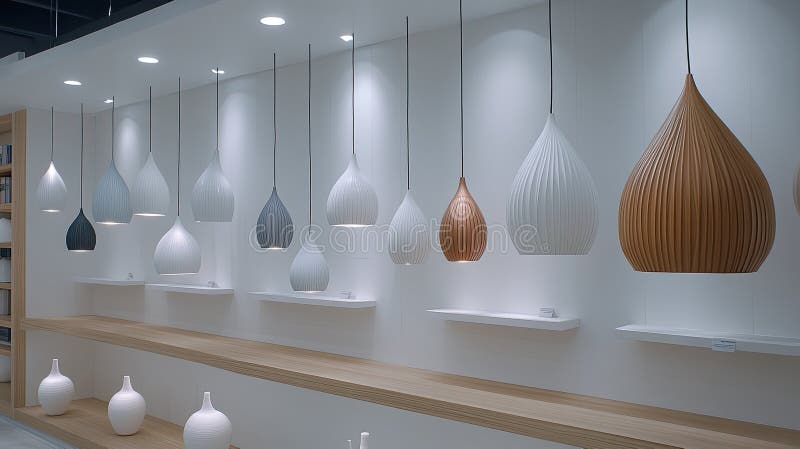 Multiple Pendant Lamps of Unique Shapes and Sizes Hang from the Ceiling ...