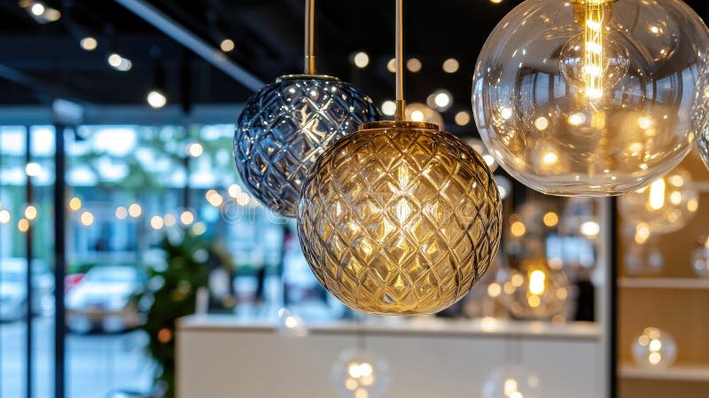 Multiple Pendant Lamps of Unique Shapes and Sizes Hang from the Ceiling ...