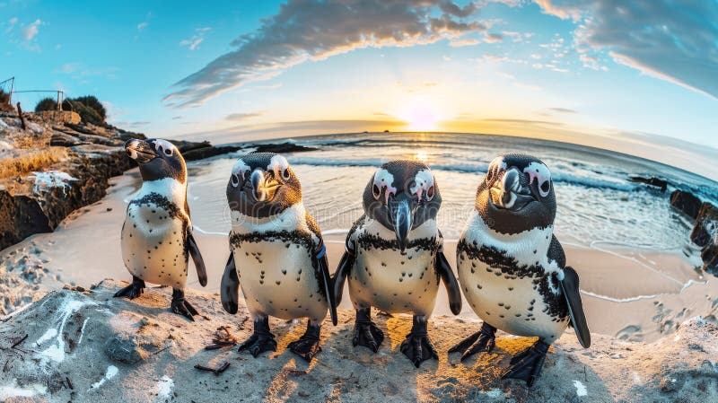 Multiple Penguins are Seen Standing on Top of a Sandy Beach Stock ...