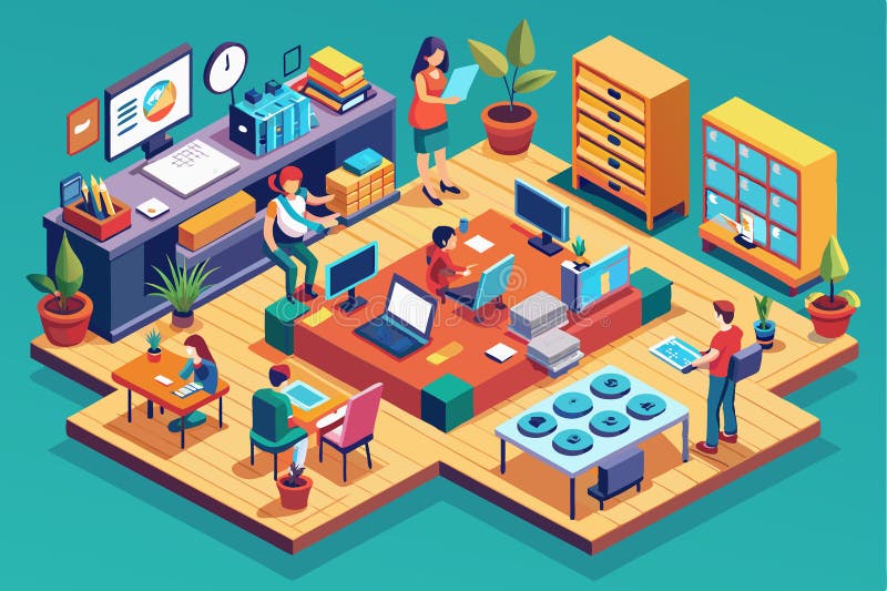 Multiple People Engage in Different Tasks in a Colorful Office Layout, Showcasing Collaborative ...