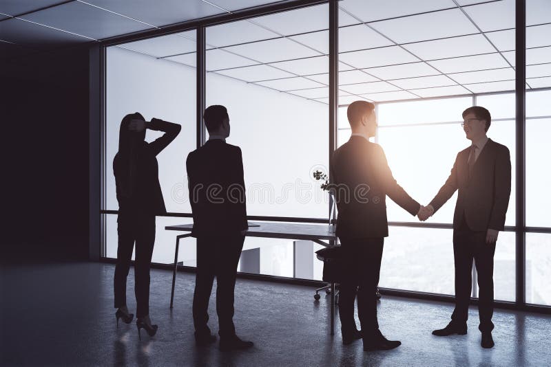 Multiple People Silhouettes in a Dark Office Room with Big Panoramic ...