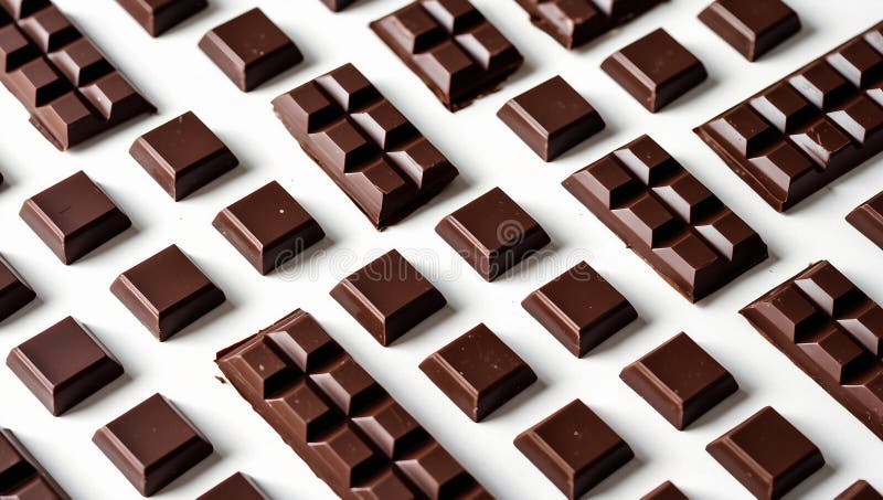 Multiple Pieces of Dark Chocolate are Neatly Arranged in Rows on White ...
