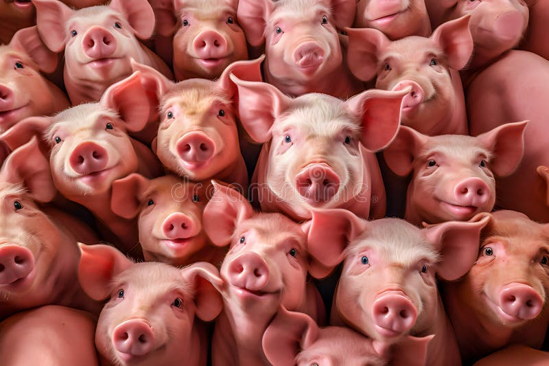 Multiple Pig Face only Packed Together and Straight Look the Same Way ...