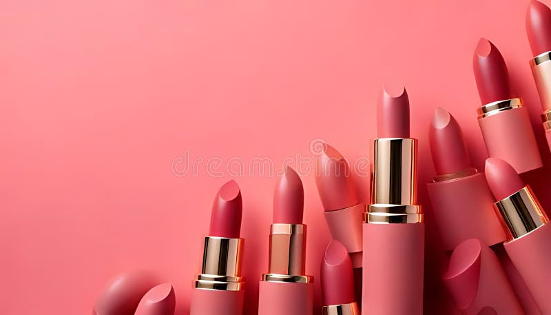 Multiple Pink Lipsticks with Gold Accents are Arranged on a Pink ...