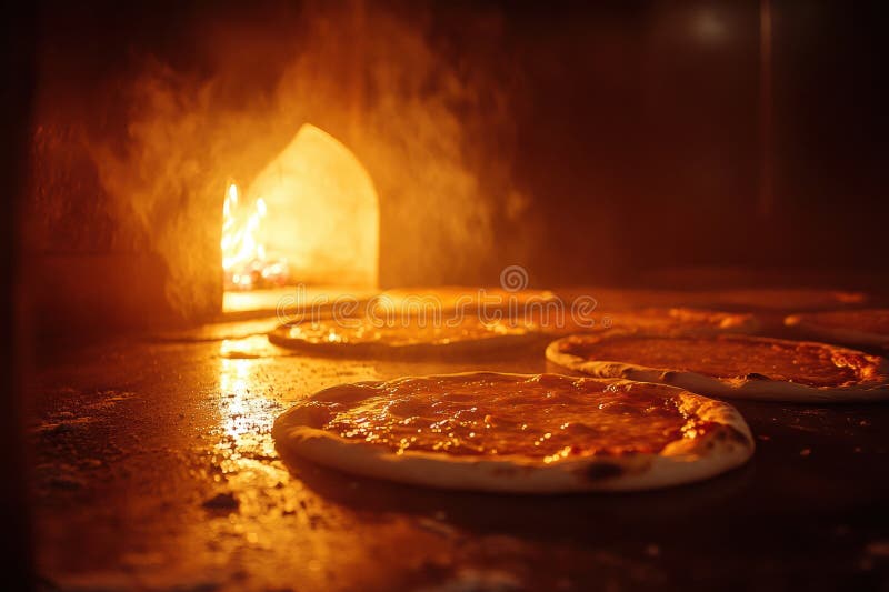 Multiple Pizzas are Baking Inside a Wood-fired Oven, with Vibrant ...