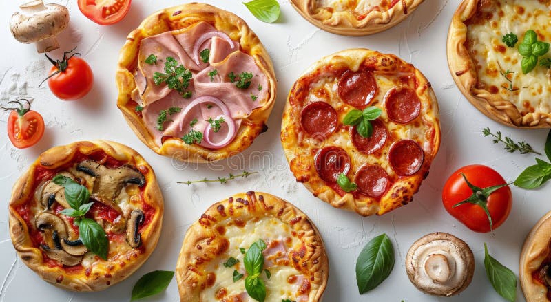 Group of Pizzas Arranged on White Surface Stock Image - Image of ...