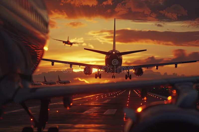 Multiple Planes Landing on a Runway at Sunset, with a Vibrant Orange ...