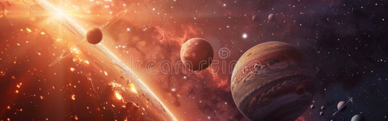 Multiple Planets with Rings Illuminated by a Bright Sun in a Fiery ...