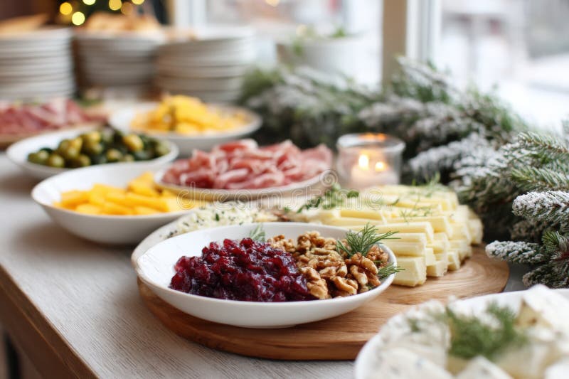Multiple Plates of Assorted Food on a Wooden Table with a Lit Candle in ...