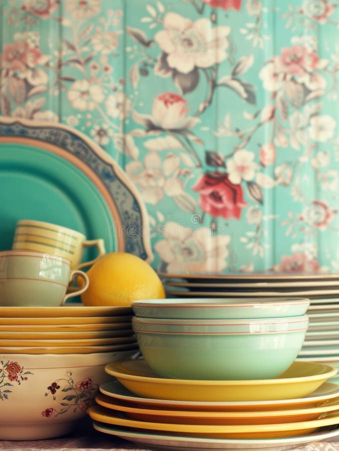 Multiple Plates and Bowls are Arranged on a Table Against a Vintage ...