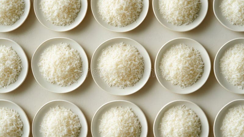 Multiple Plates with Rice Arranged in a Neat Pattern. Stock Image ...